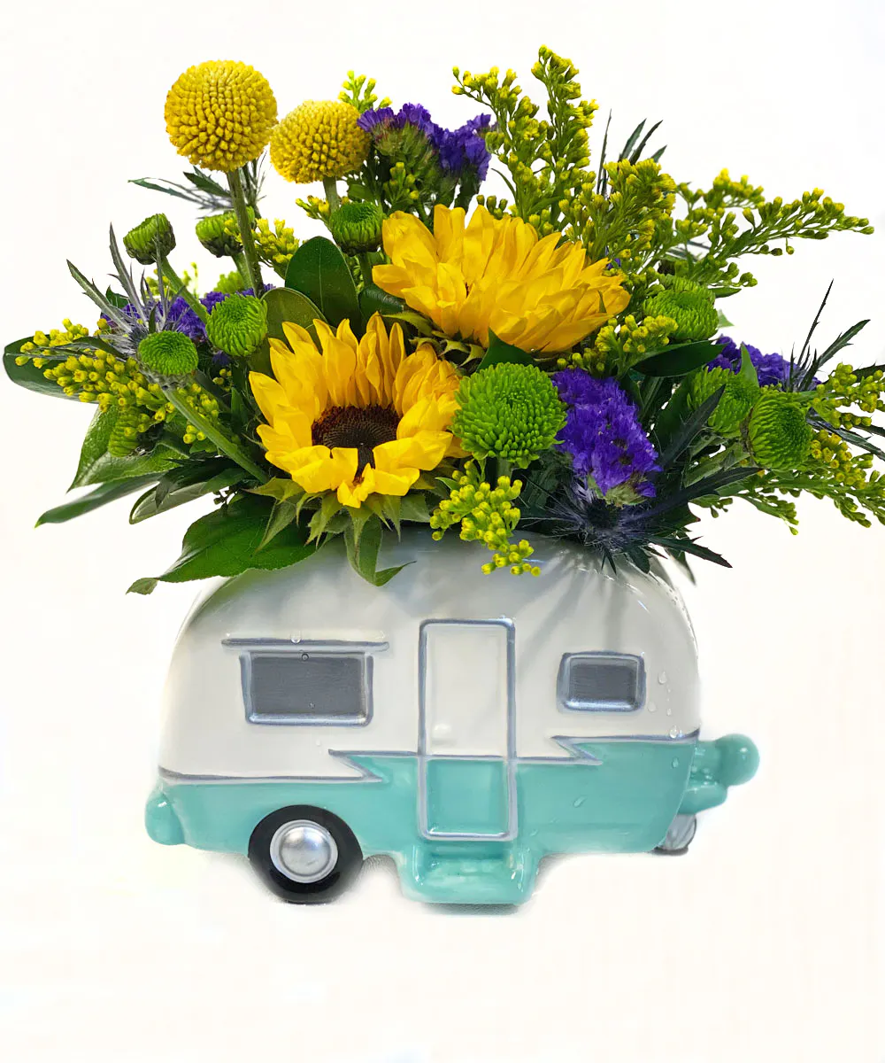 Glamping Poppy Camper Arrangement by Shirley's Flowers